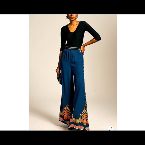 FARM Rio | Pants & Jumpsuits | Farm Rio Blue Motif Print Wide Pants ...